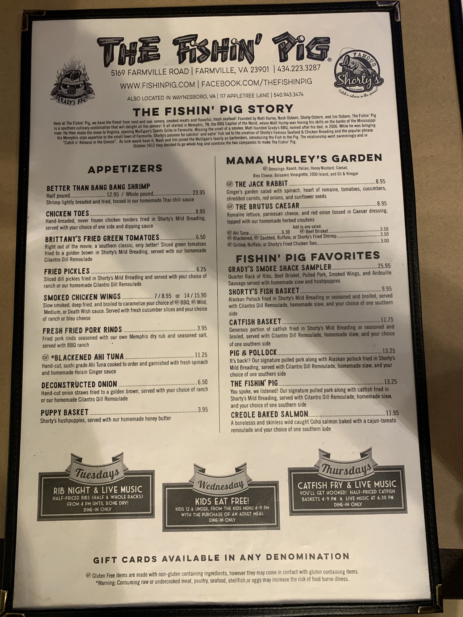 Menu for The Fishin' Pig, Farmville, VA - Restaurantji